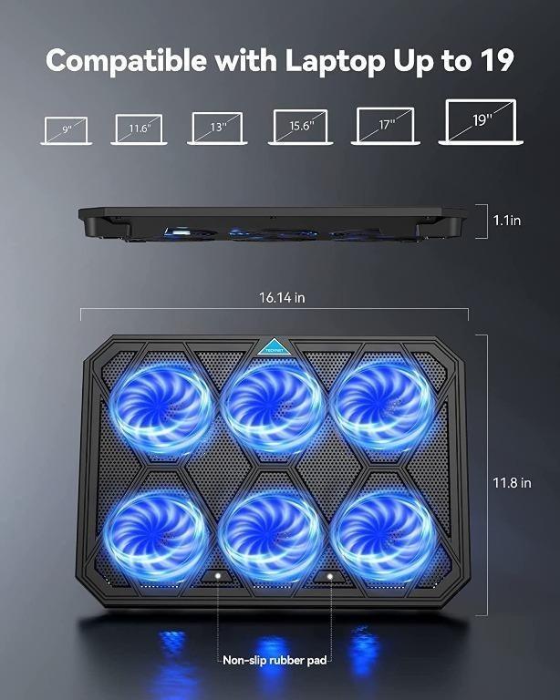 [C2502]TECKNET Laptop Cooling Pad, Slim Portable 6 Quiet LED Fans USB ...