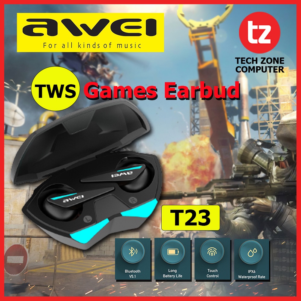 AWEI T23 TWS GAMING TRUE WIRELESS GAMING BLUETOOTH HEADSET WITH COOL BREATHING LIGHT, Audio ...