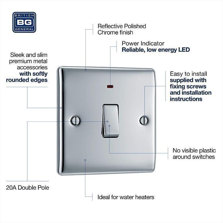 BG Electrical Single Light Switch with Power Indicator, Polished Chrome ...