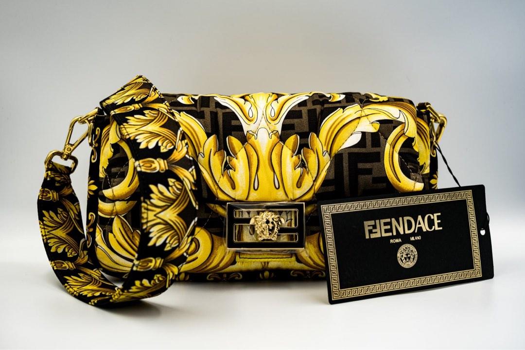 FENDACE Fendi X Versace Quilted Black Silk Baguette Bag, Women's ...