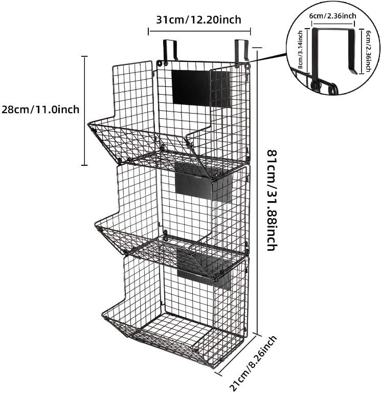 KELIVOL 3-Tier Metal Wall-Mounted Wire Baskets with 5 Hooks, 2 Hanging ...