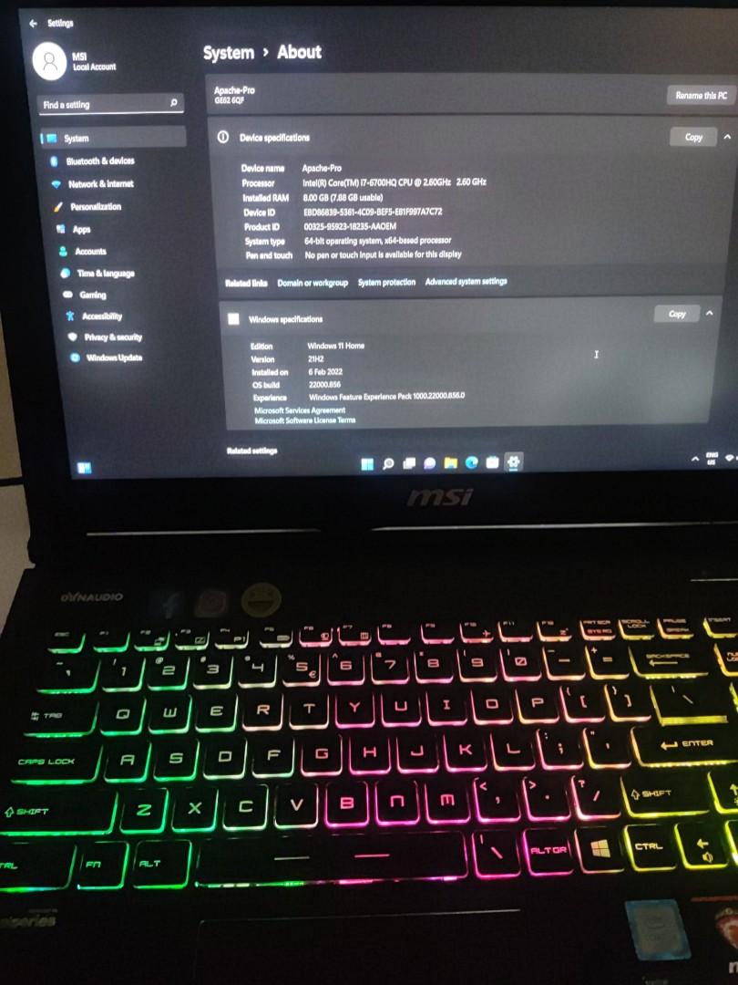 MSI gaming laptop GE62 6QF Apache Pro I7-6700HQ Processor 8gb ram ...