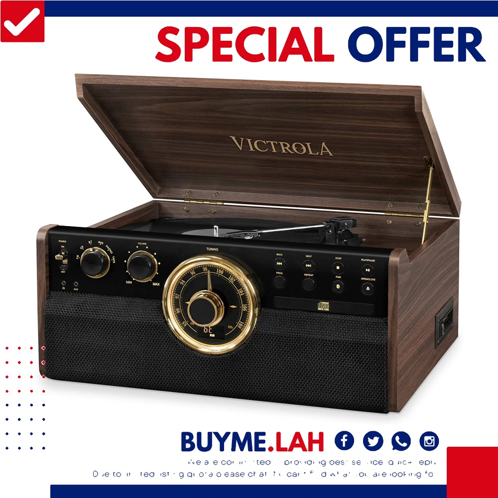 [YBR] Victrola 6-in-1 Wood Bluetooth Mid Century Record Player with 3 ...