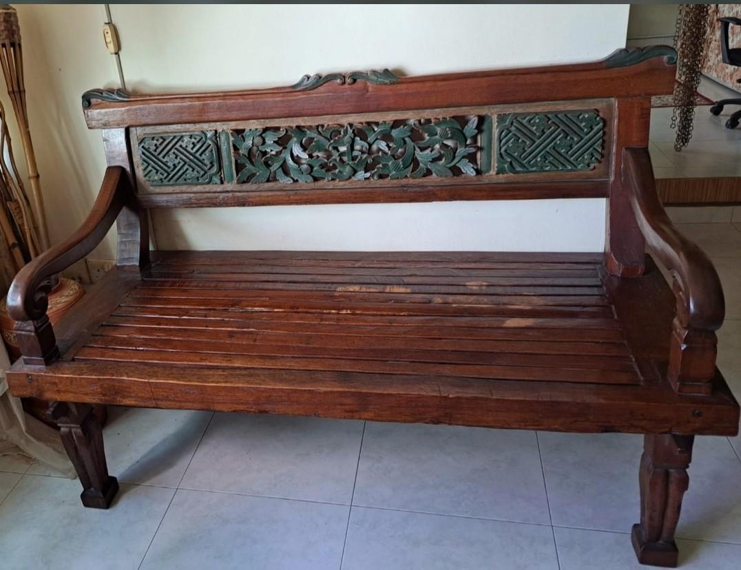 3 seater Jati wood bench with carvings, Furniture & Home Living ...
