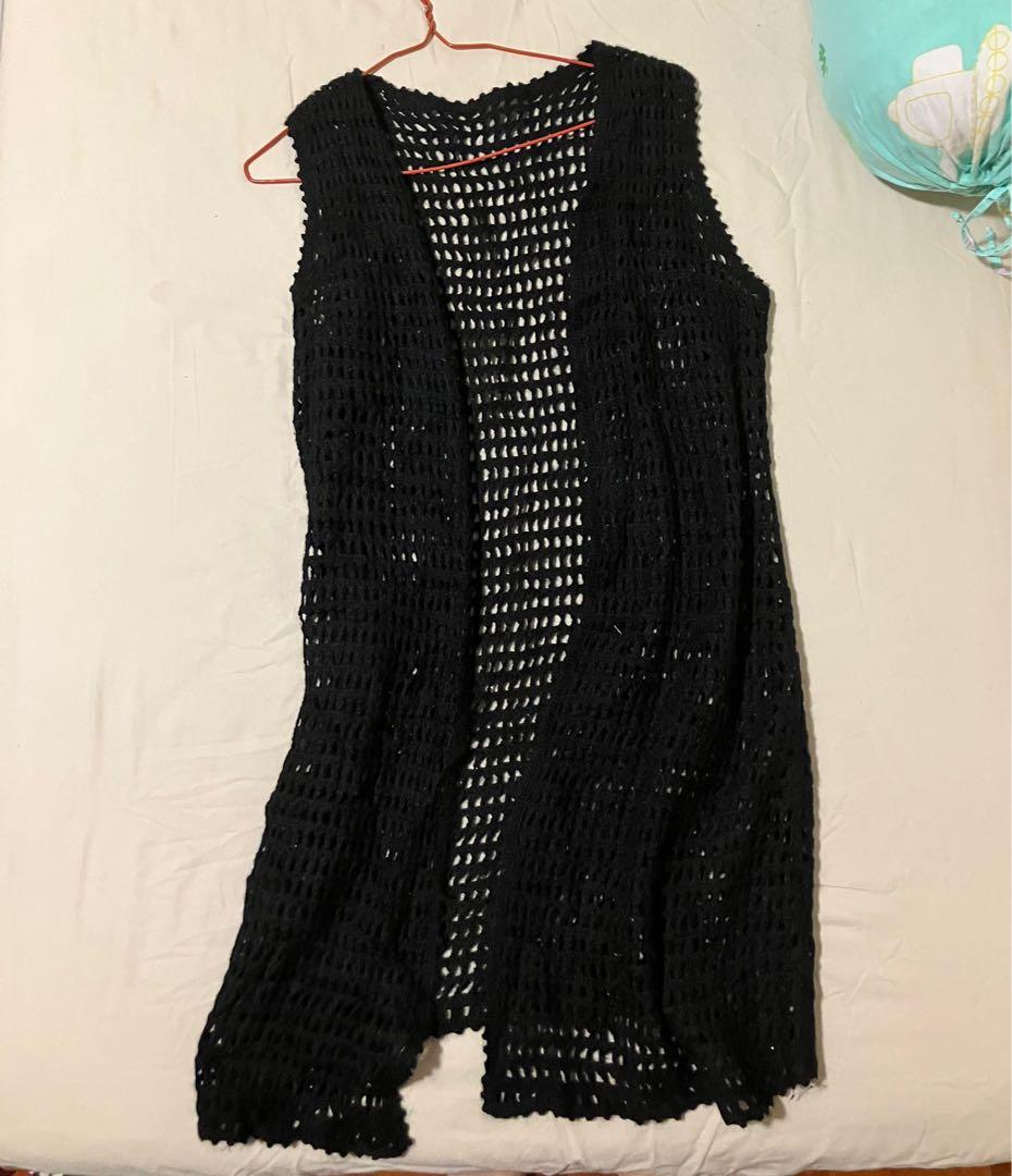 black crochet long vest, Women's Fashion, Coats, Jackets and Outerwear ...