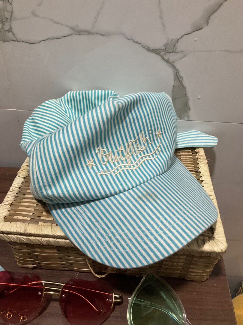 Cute blue striped cap with scarf like back design and embroidery, Women ...