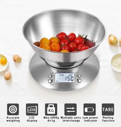 Kitchen cooking scale with stainless steel bowl, countdown timer ...