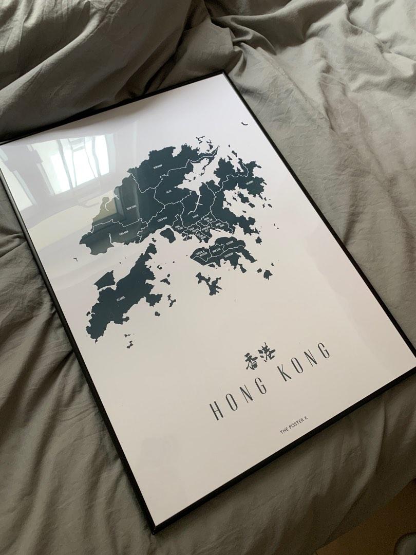 Map poster Hong Kong white color. With frame. Size A2., 傢俬＆家居, 家居裝飾, 牆上 ...