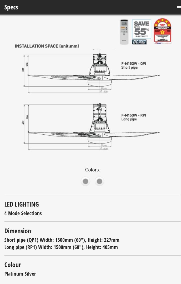 PANASONIC 60" CEILING FAN FM15GW, Furniture & Home Living, Lighting ...