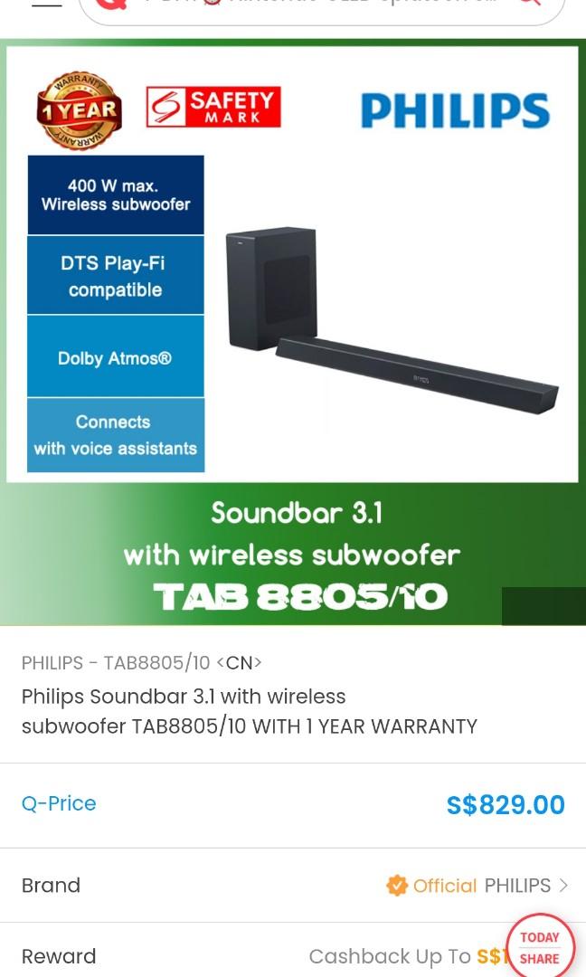 Philip sound bar 8000 series 3.1 channel TAB8805/10, TV & Home ...