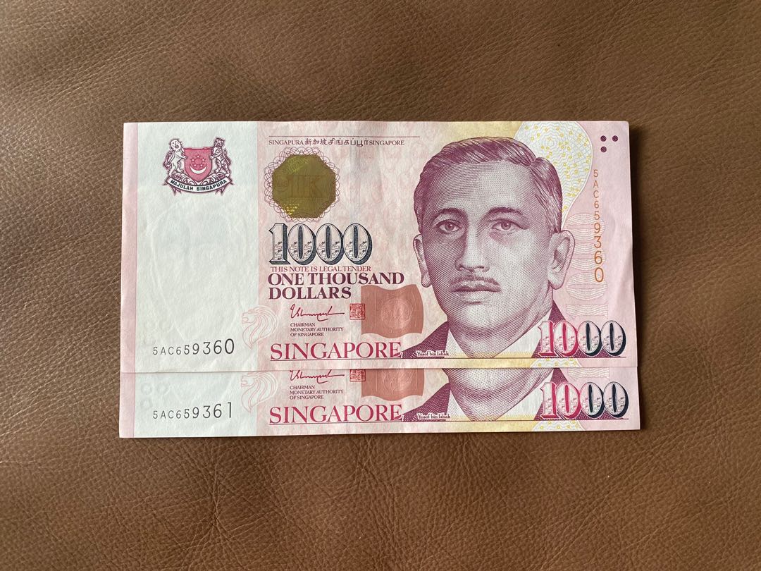 SGD 1000 Notes - 2 Pieces & running numbers, Hobbies & Toys ...