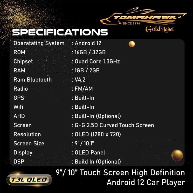 Tomahawk Android 12 2GB Ram + 16GB Rom Player T3L IPS QLED DSP, Auto ...