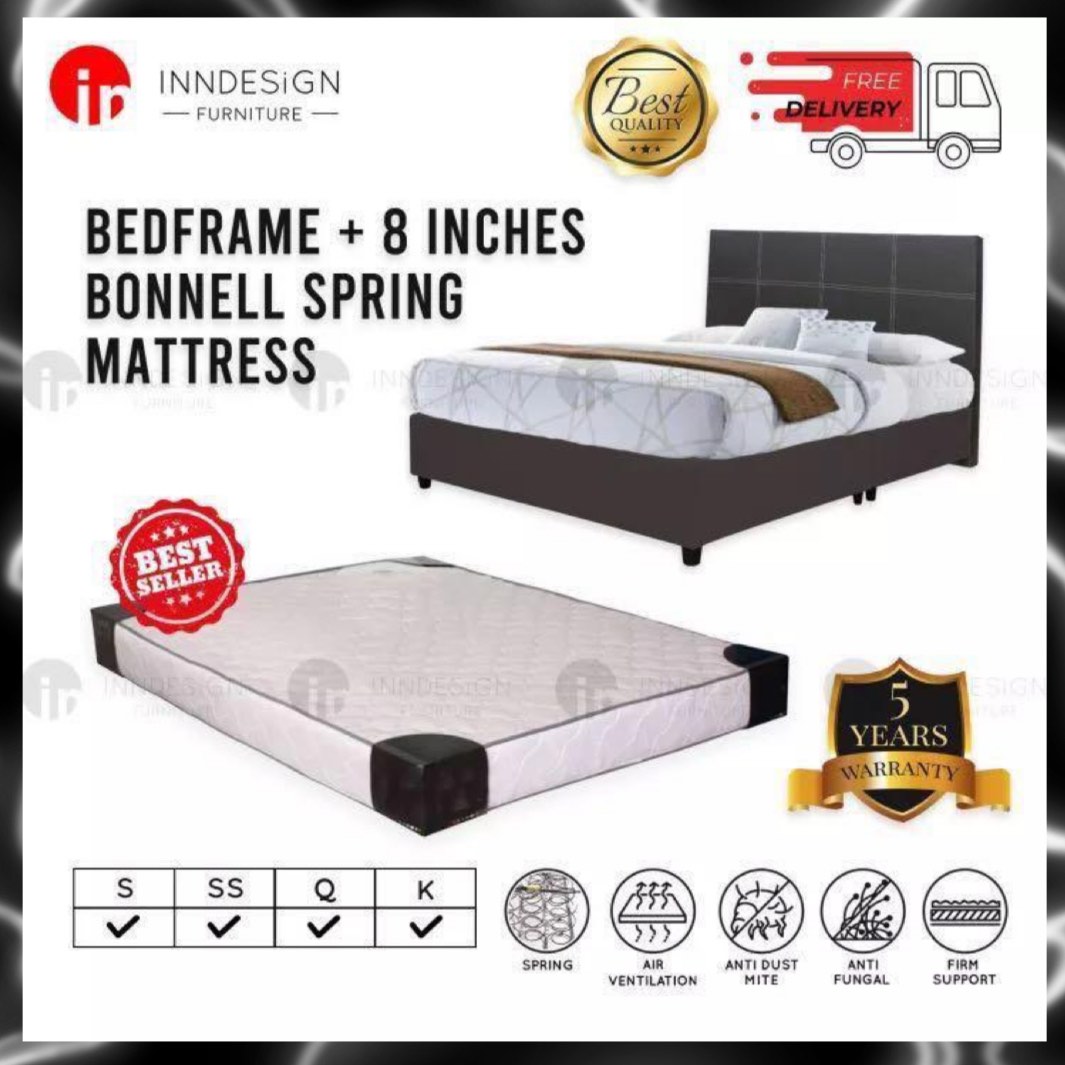 8 inches bonnel spring mattress + bed frame / ready stock, Furniture ...