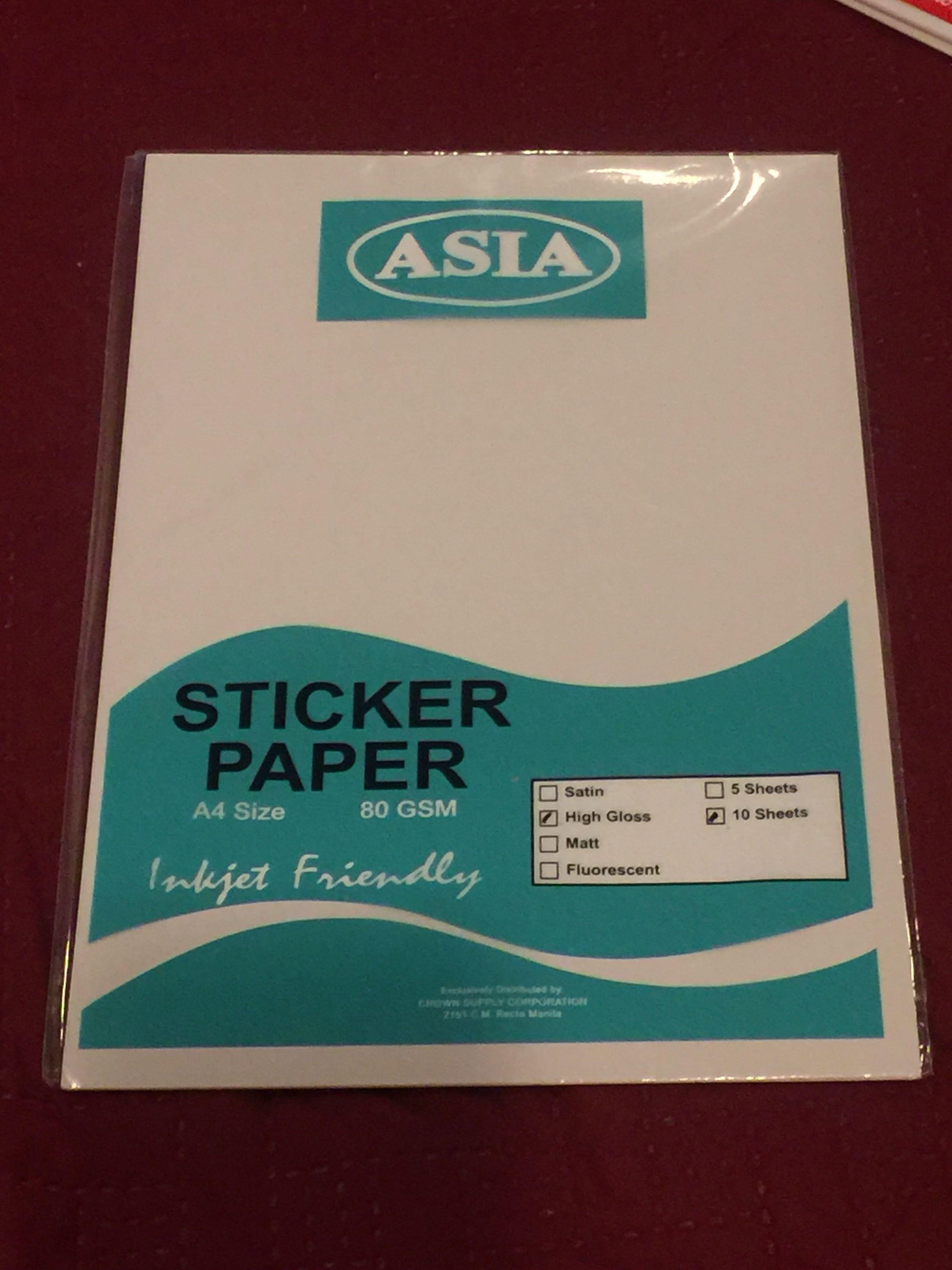 ASIA (brand) sticker paper (10 sheets) high gloss, Hobbies & Toys ...