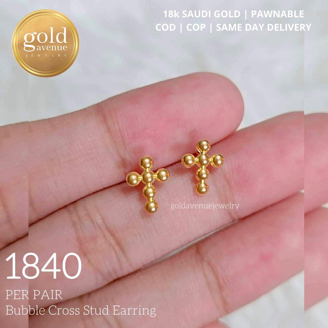 Bubble Cross Stud Earrings 18k Saudi Gold Pawnable, Women's Fashion ...