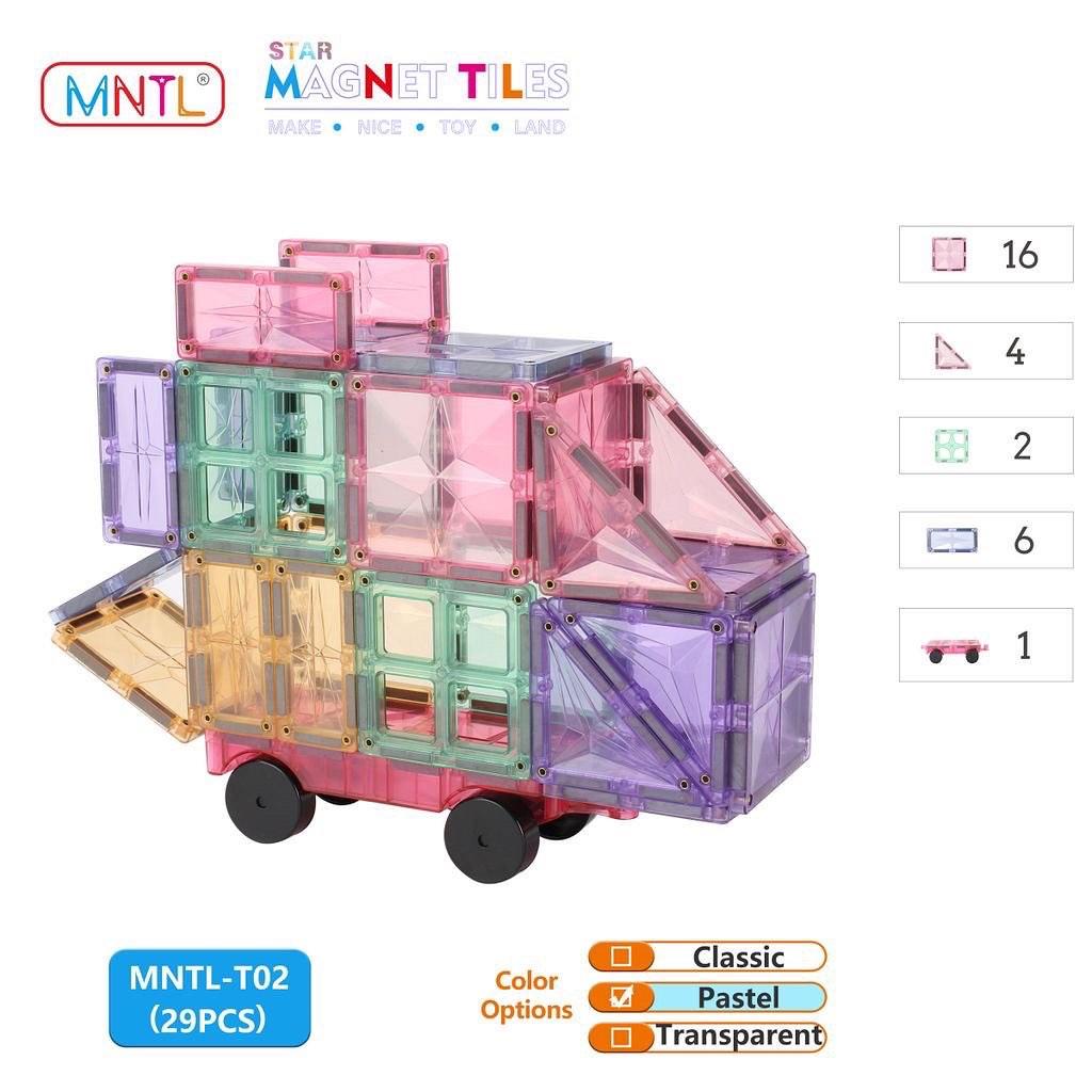 MNTL 29pcs magnetic tiles in classic, pastel & transparent set, Hobbies ...