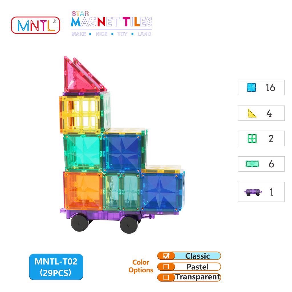 MNTL 29pcs magnetic tiles in classic, pastel & transparent set, Hobbies ...
