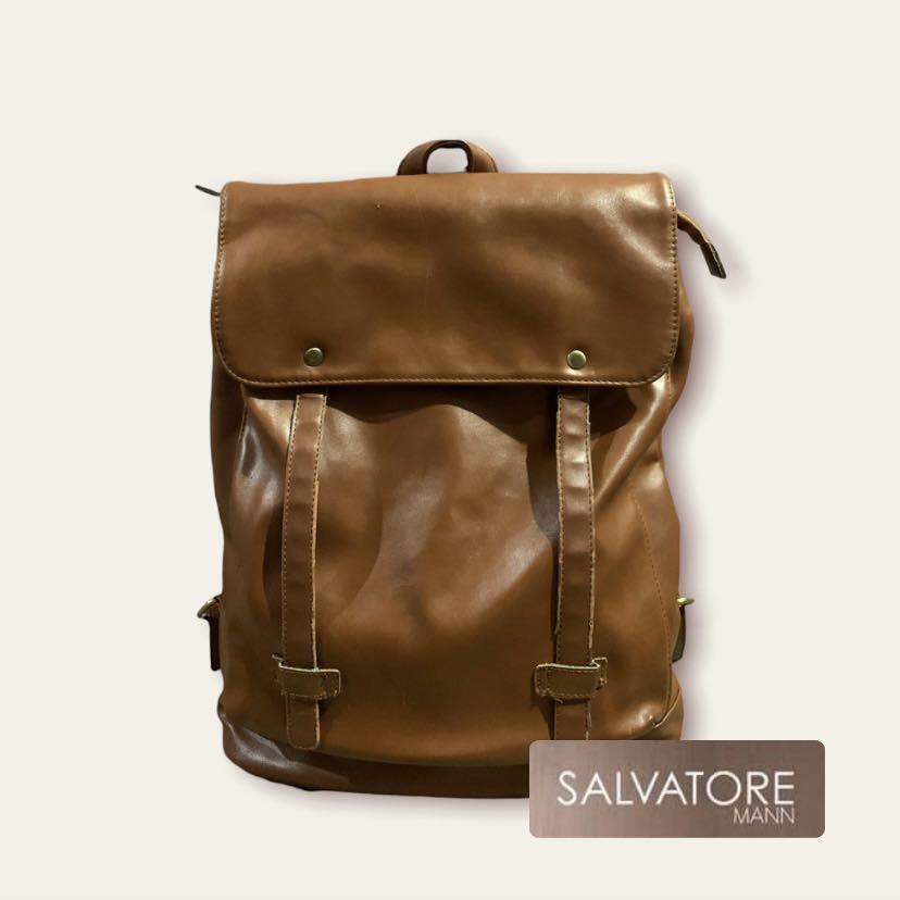 SALVATORE MANN Leather Backpack BROWN HERSCHEL STYLE MAGNET LOCK Laptop ...