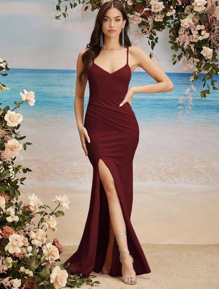 Maroon Bridesmaid Dress, Women's Fashion, Dresses & Sets, Evening ...