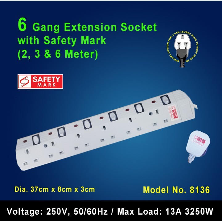 Gang Extension Socket with Singapore Safety Mark (2, 3 & 6 Meters), TV ...