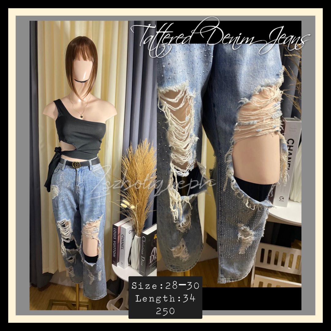 Tattered Denim Jeans, Women's Fashion, Bottoms, Jeans on Carousell