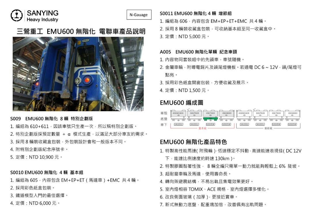 [預訂] 三鶯重工 1/150 EMU600無階化 8輛 特別企劃版 / 4輛 基本組 / 4輛 增節組 / 單輛 紀念車頭, 興趣及遊戲, 玩具 & 遊戲類 - Carousell