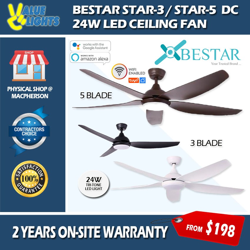 Bestar Star-3 Star-5 Wifi Enabled Smart DC Ceiling Fan with 24W Tri ...