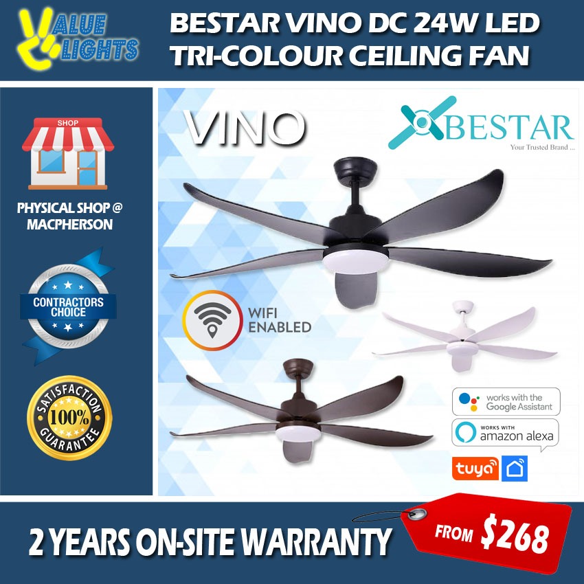 Bestar Vino 5 Blade Smart DC Ceiling Fan WIFI Enabled with 24W Tri-Tone ...