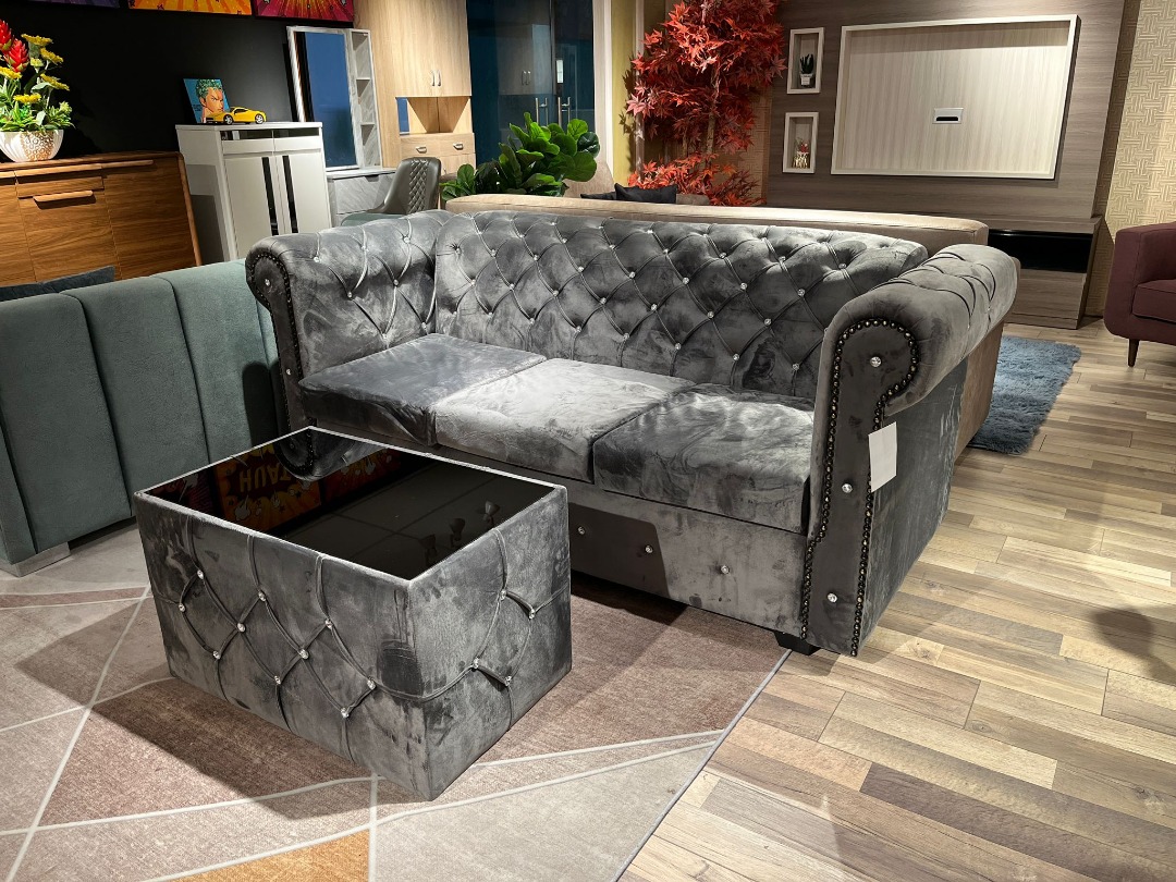 Chesterfield Design 3 Seater Fabric Sofa With Coffee Table, Furniture ...