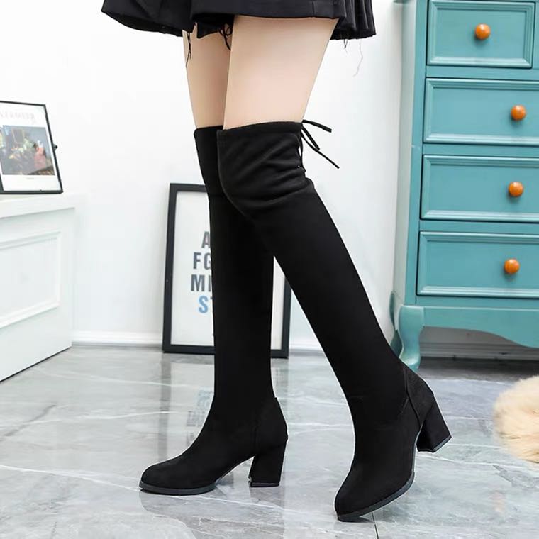 Knee Length High Rise Boots with Back-tie, Women's Fashion, Footwear ...