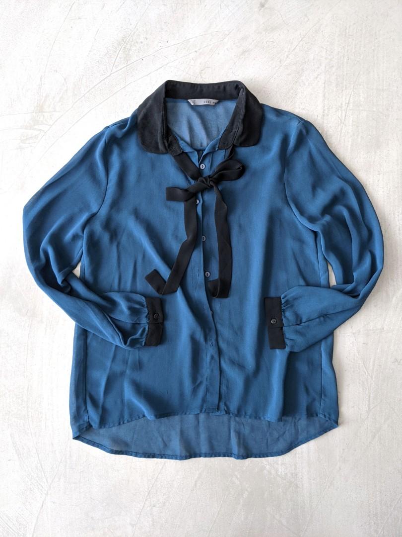 See-through button-down blouse with pussy bow, Women's Fashion, Tops ...