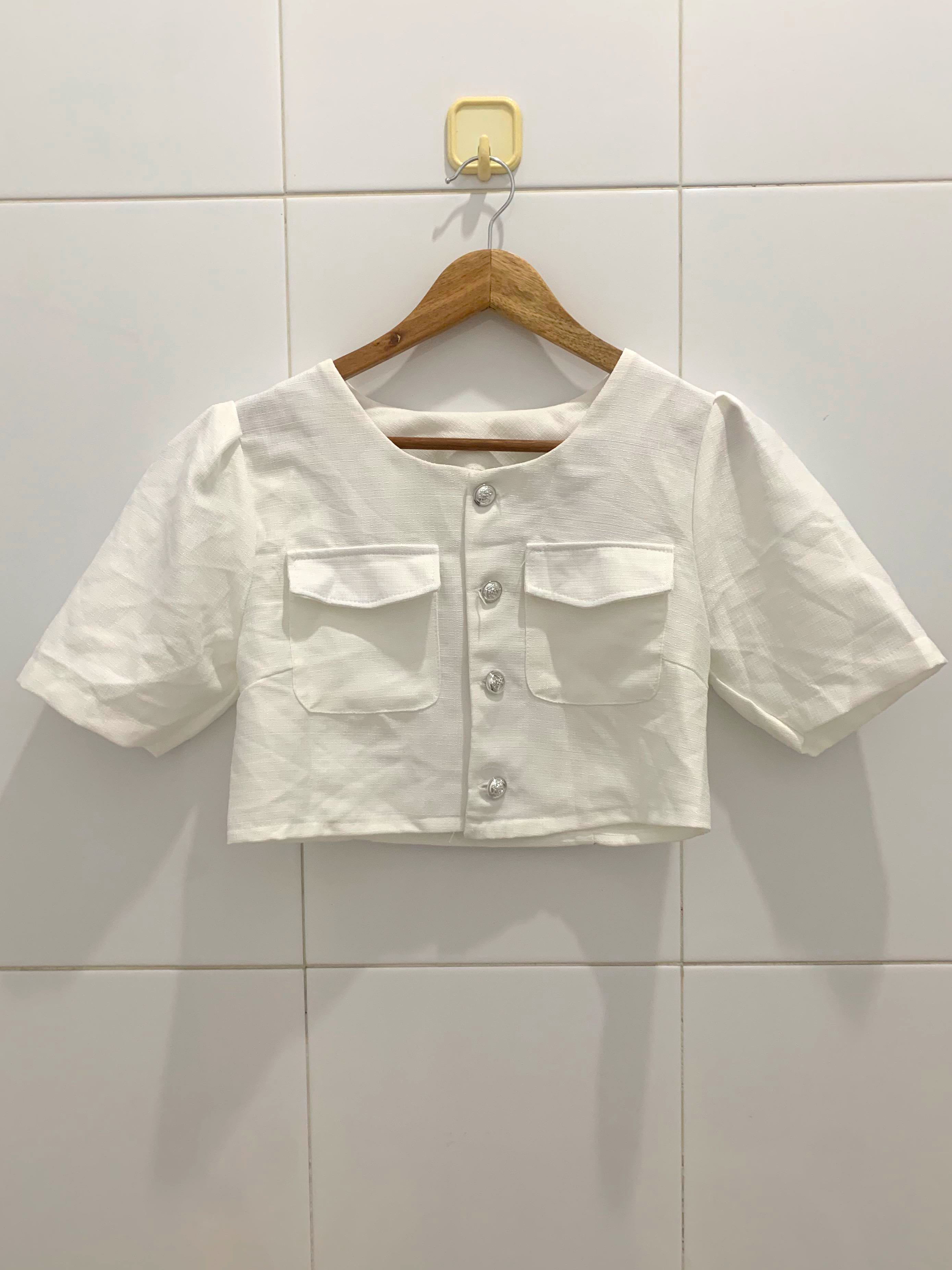 top white putih crop outer pocket kantong puff puffy bahan seperti ...