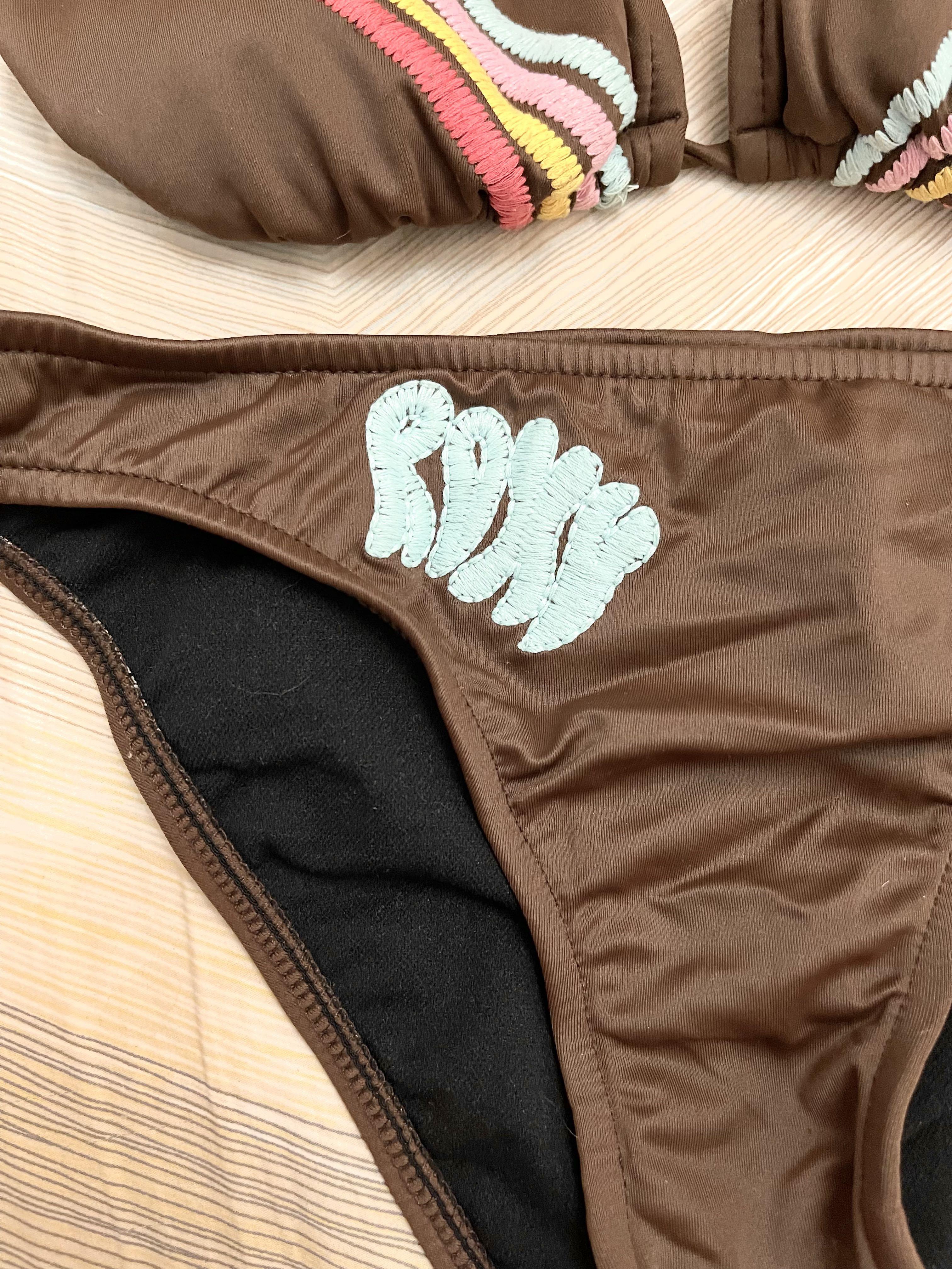 Used Auth Roxy Brown Embroidered Rainbow Logo 2 piece Bikini Large bra Medium Panty Set, Women's ...