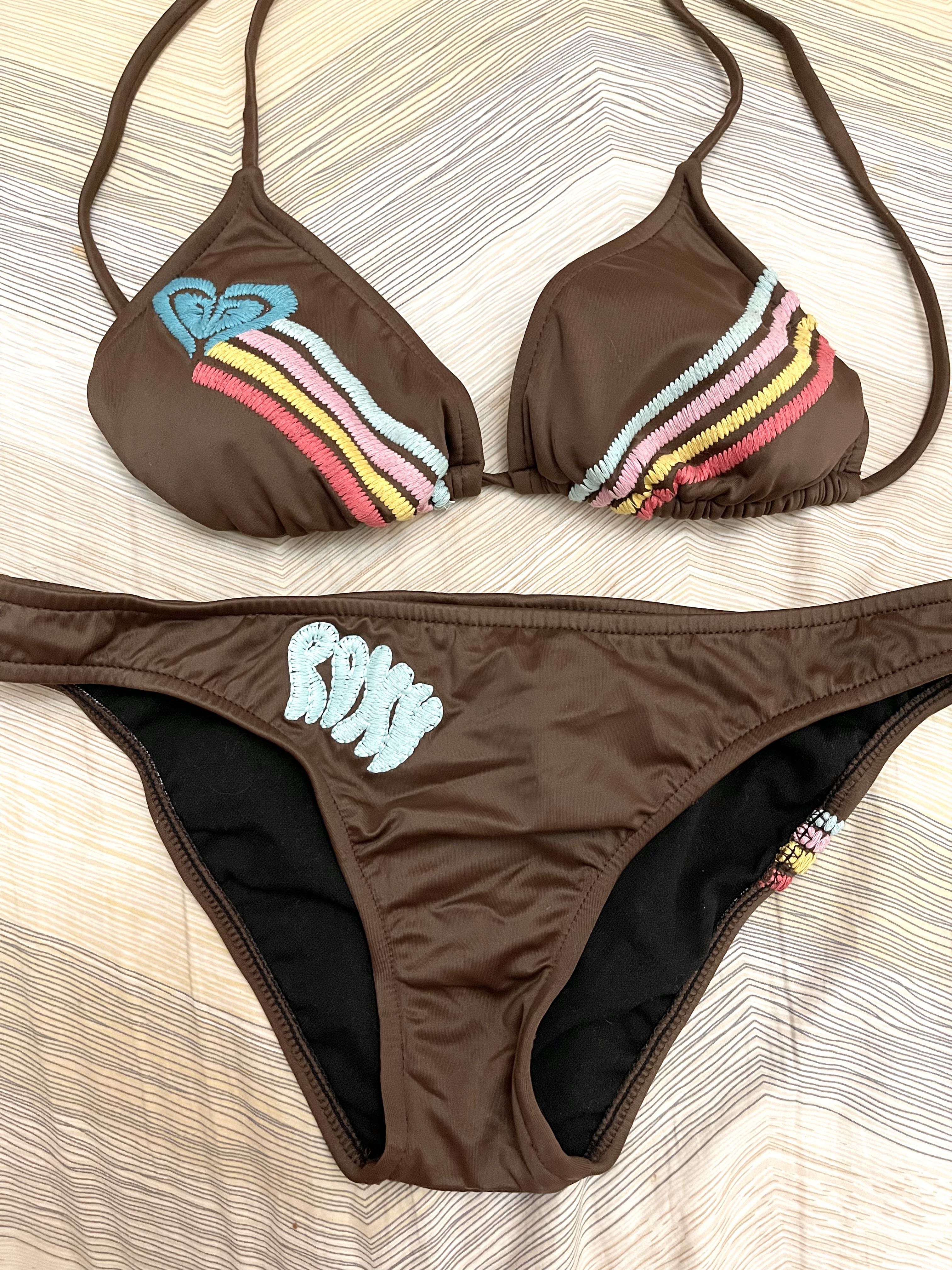 Used Auth Roxy Brown Embroidered Rainbow Logo 2 piece Bikini Large bra Medium Panty Set, Women's ...