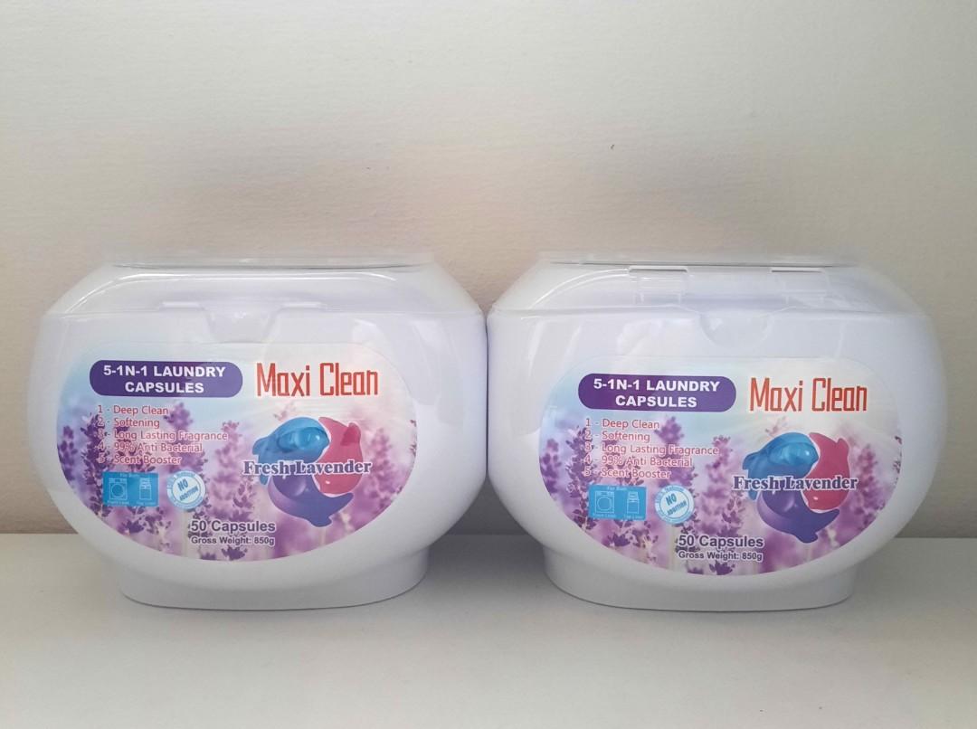 2 Tubs Maxi Clean 5 in 1 Fresh Lavender Laundry Capsules 50 pods/New ...