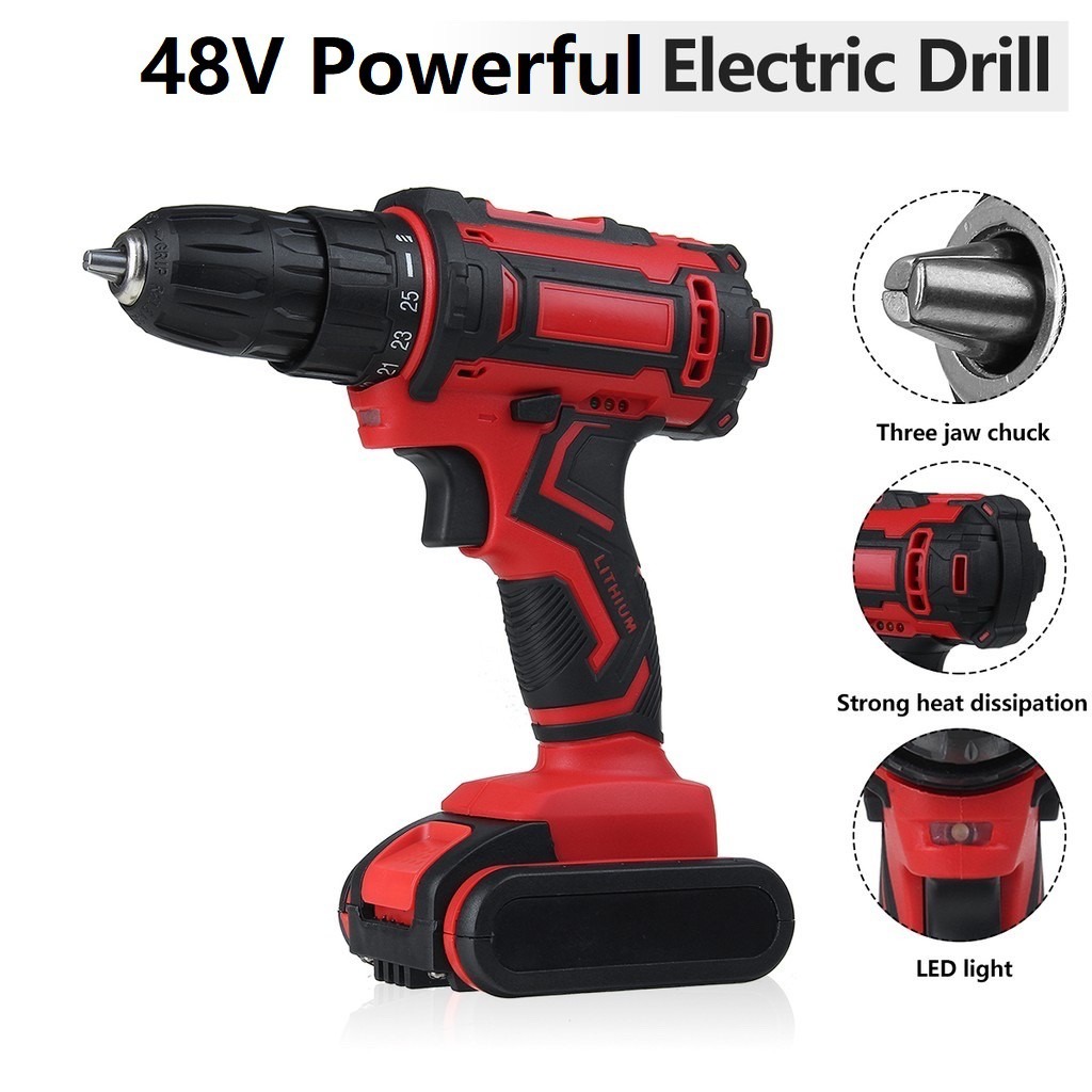 48V Cordless Drill Electric Drill with 25 Pieces Tools Set 25 Torque ...