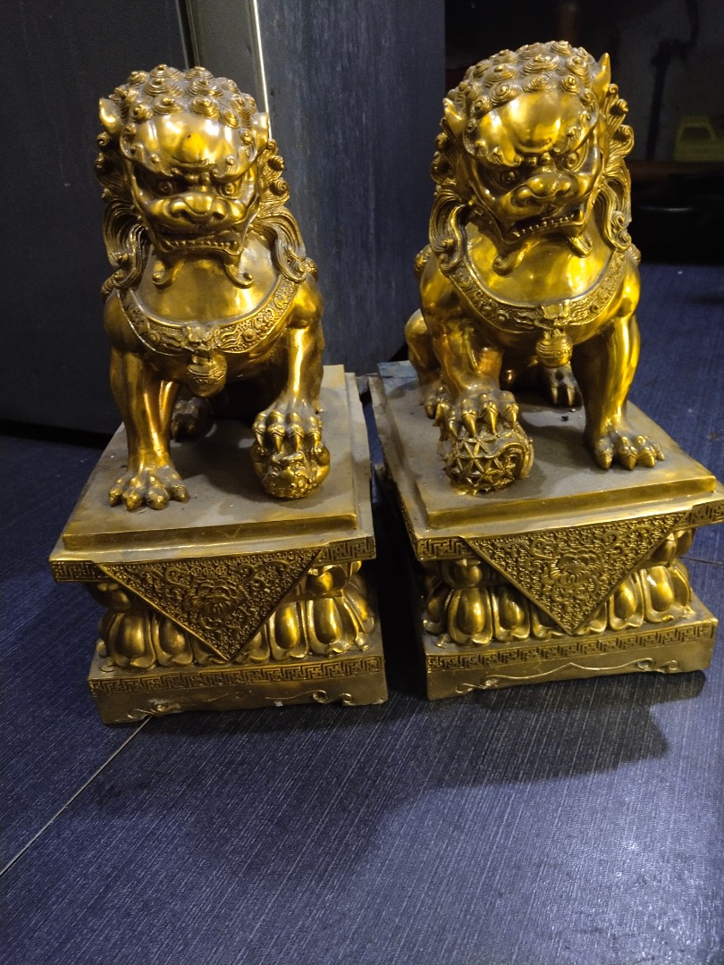 Brass huge fu dog guardian lion statue pair, Hobbies & Toys ...