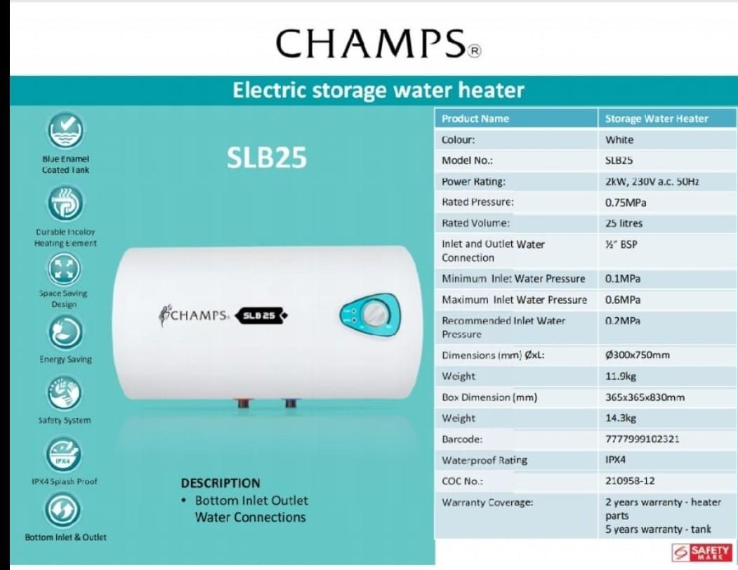 Champs water heater tank 15L & 25L, TV & Home Appliances, Water Heater ...