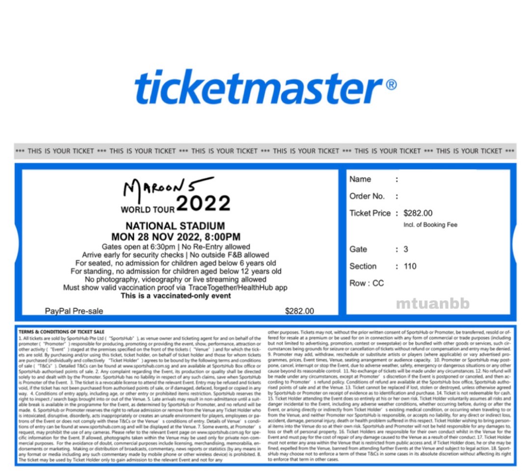 (Ticket proof) Maroon 5 world tour in sg, Tickets & Vouchers, Event ...