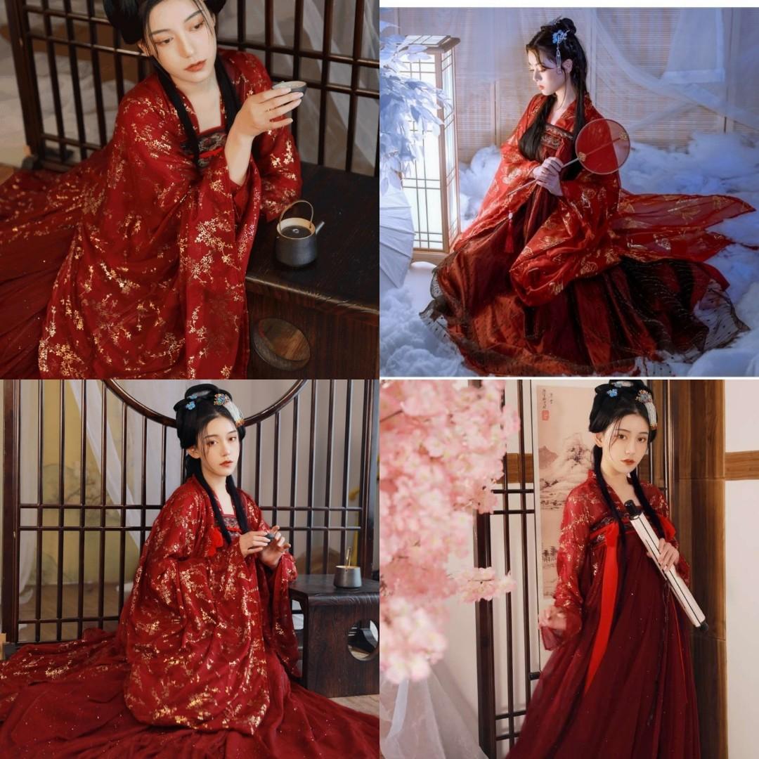 Various Hanfu sets in red, pastel pink purple blue and a horse face ...