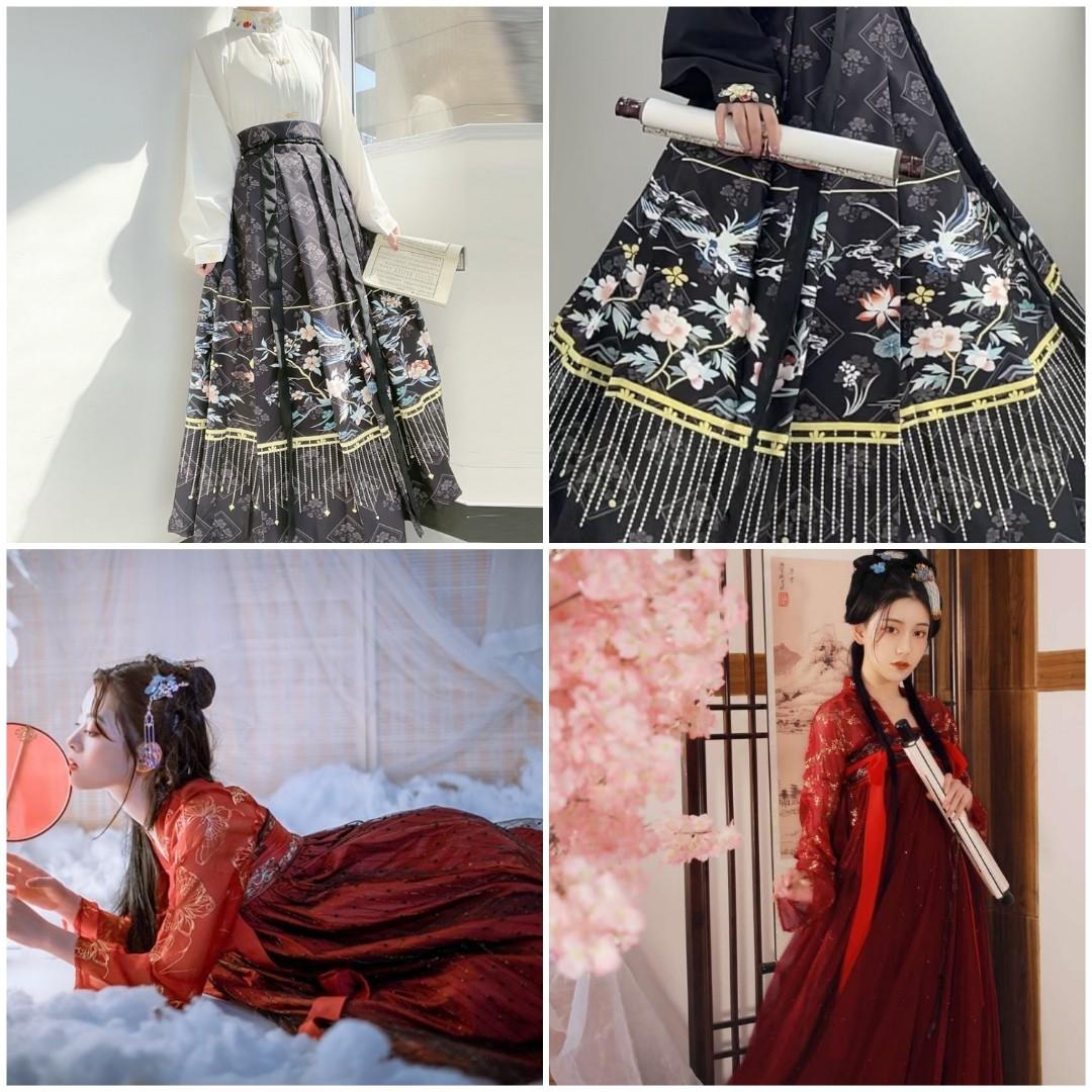 Various Hanfu sets in red, pastel pink purple blue and a horse face ...