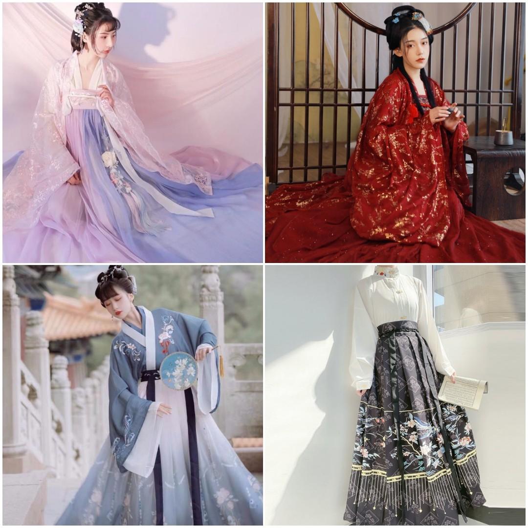 Various Hanfu sets in red, pastel pink purple blue and a horse face ...