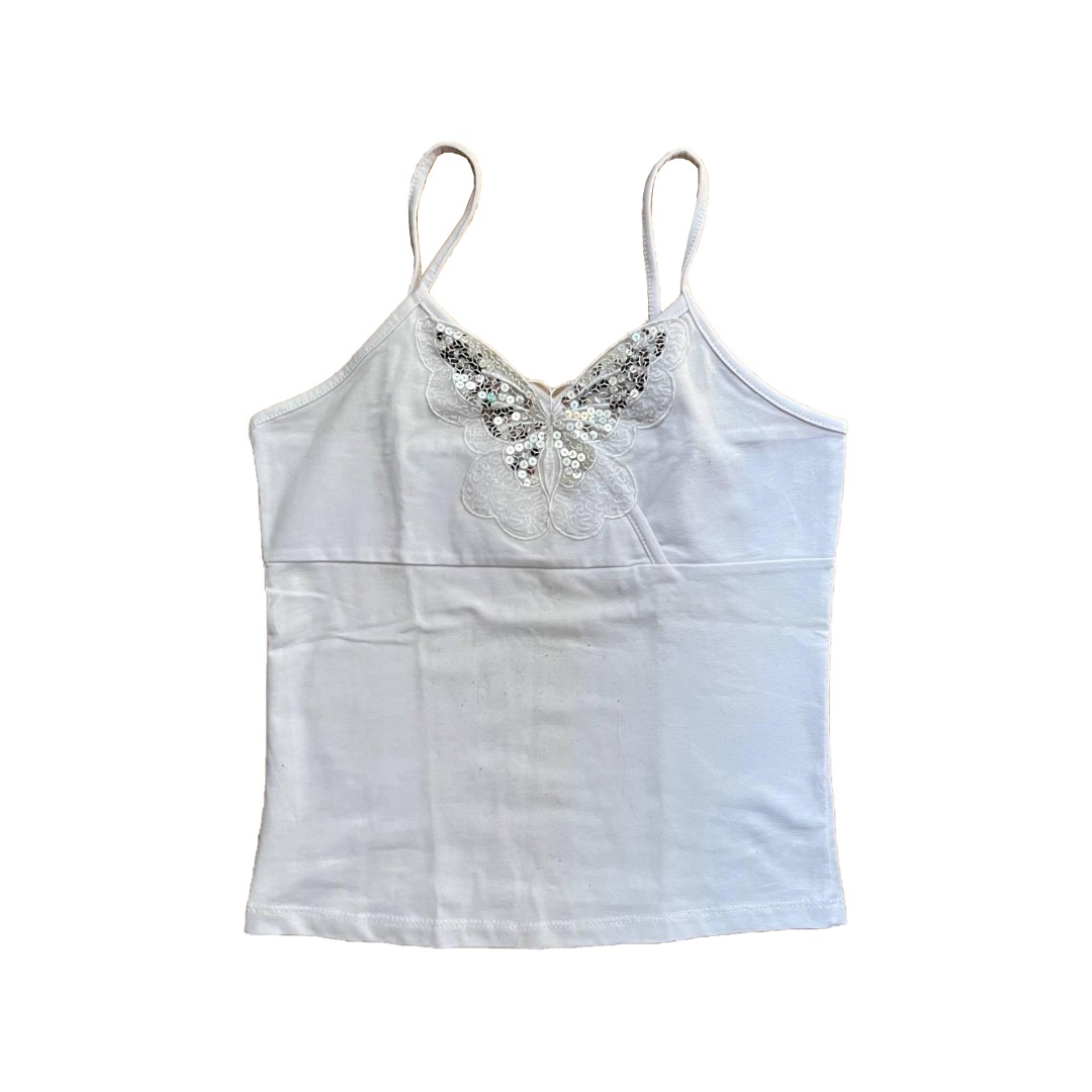 White Top with Butterfly Sequence, Women's Fashion, Tops, Sleeveless on ...
