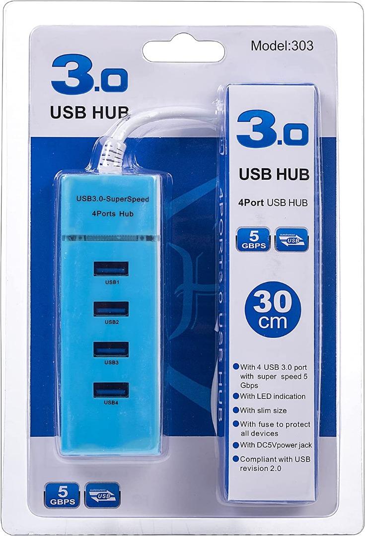 4-Port USB 3.0 Hub with 1ft Long Cable, Multi USB Port Expander with ...