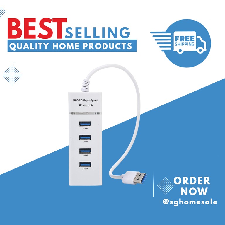 4-Port USB 3.0 Hub with 1ft Long Cable, Multi USB Port Expander with ...