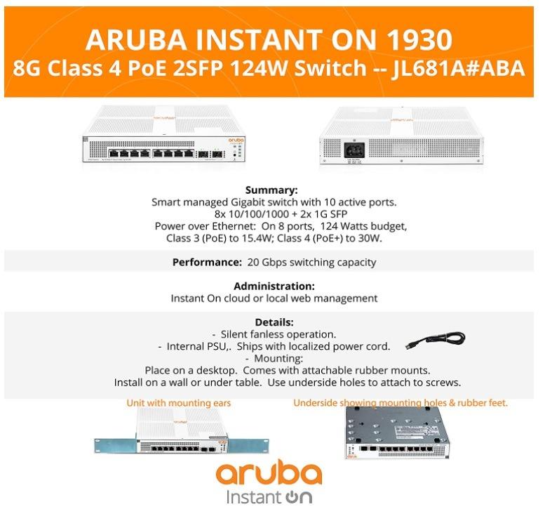 💰🔥 8-Port PoE 1Gb HP Aruba Instant On 1930 Gb Ethernet 8xGE PoE (124W ...