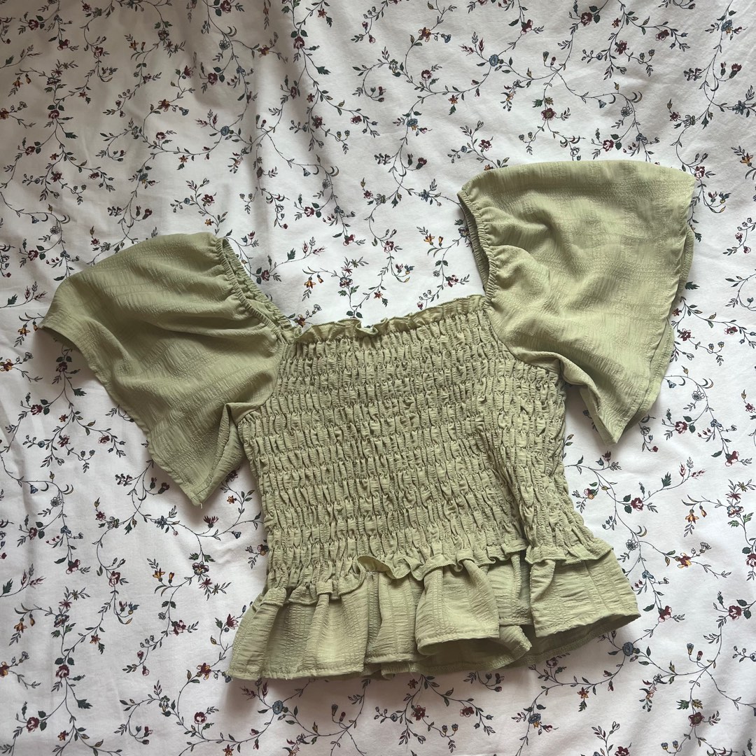 Flutter Shirred Top in Sage Green, Women's Fashion, Tops, Blouses on ...