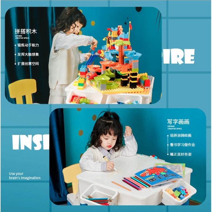 Kids Block Table Chair Set Lego Puzzle Toys Storage Children Drawing ...