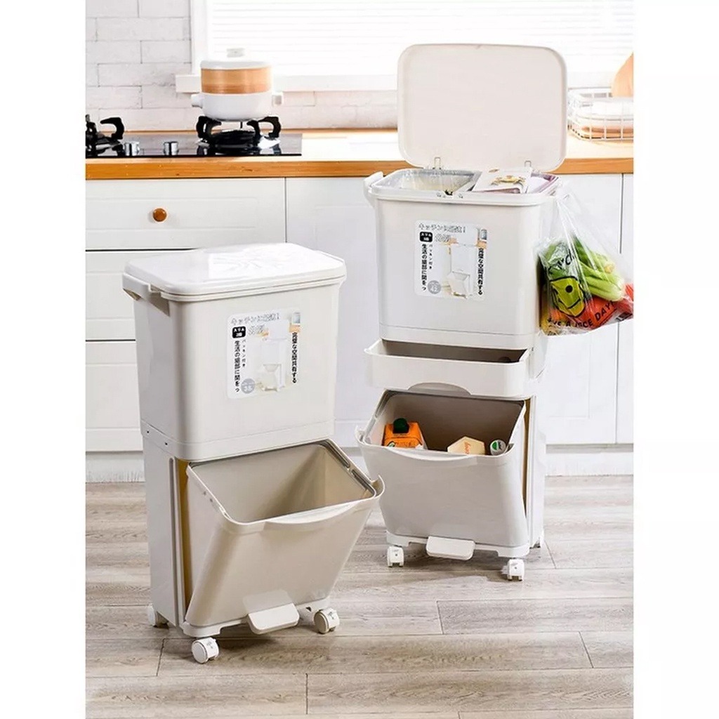 Kitchen Double Layer Large Trashcan Dustbin 71cm Wet Dry Sorting Wheels ...