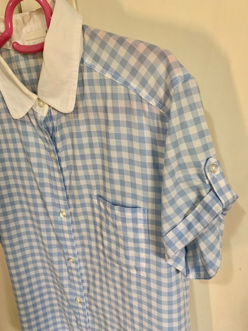 Light Blue and White checked top with white collar, Women's Fashion ...